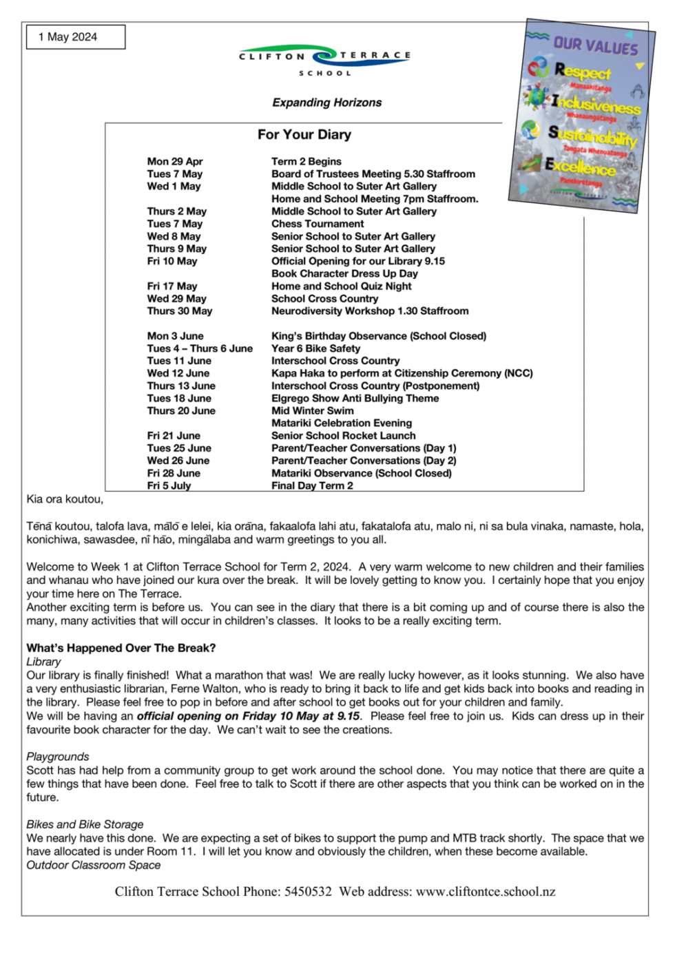 Week 1 Term 2 Newsletter - Clifton Terrace School